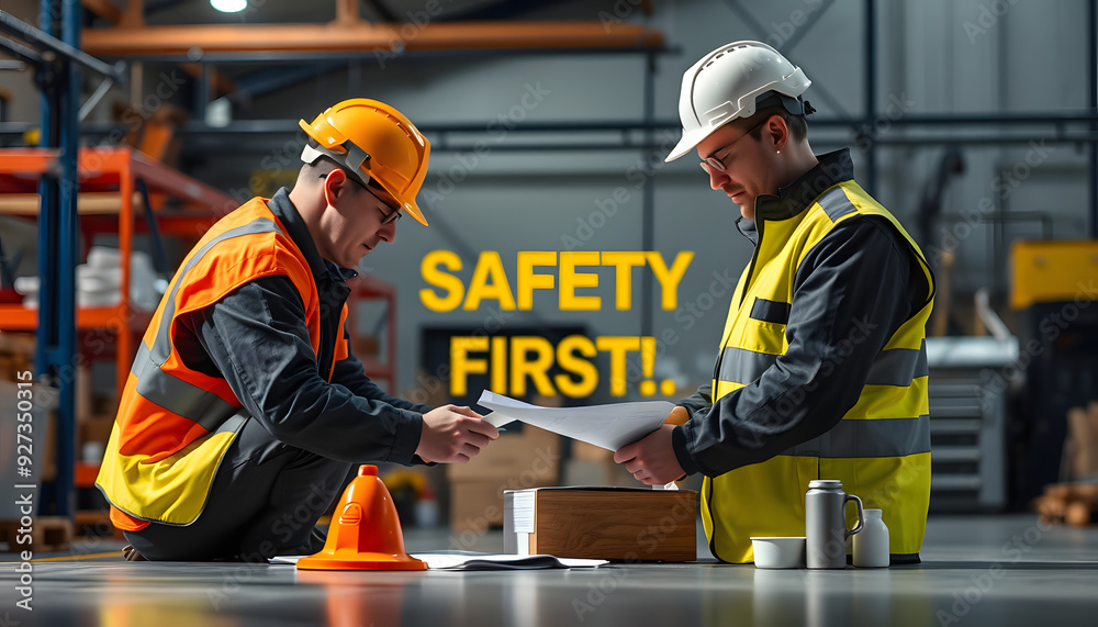 Safety first and work safety concept. Safety at workplace, safety first ...