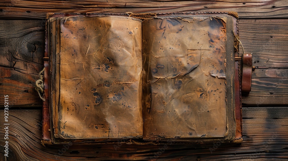 A vintage blank open notebook is displayed, ready for notes or sketches ...