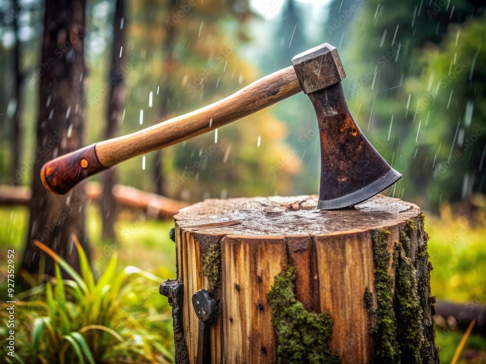 Moisture-kissed axe head stuck in a worn wooden stump, raindrop ...