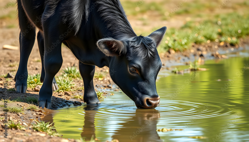 Cute black angus calf on beef farm getting drink of pond water isolated ...