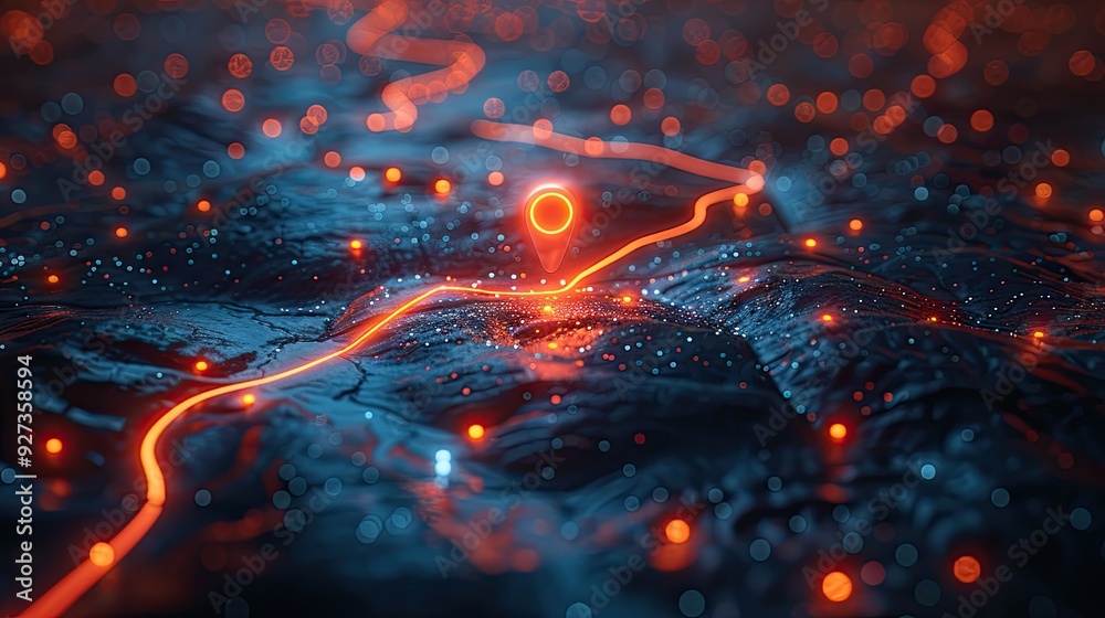 This digital GPS map image, complete with pin and route path, showcases an AI-generated design ...