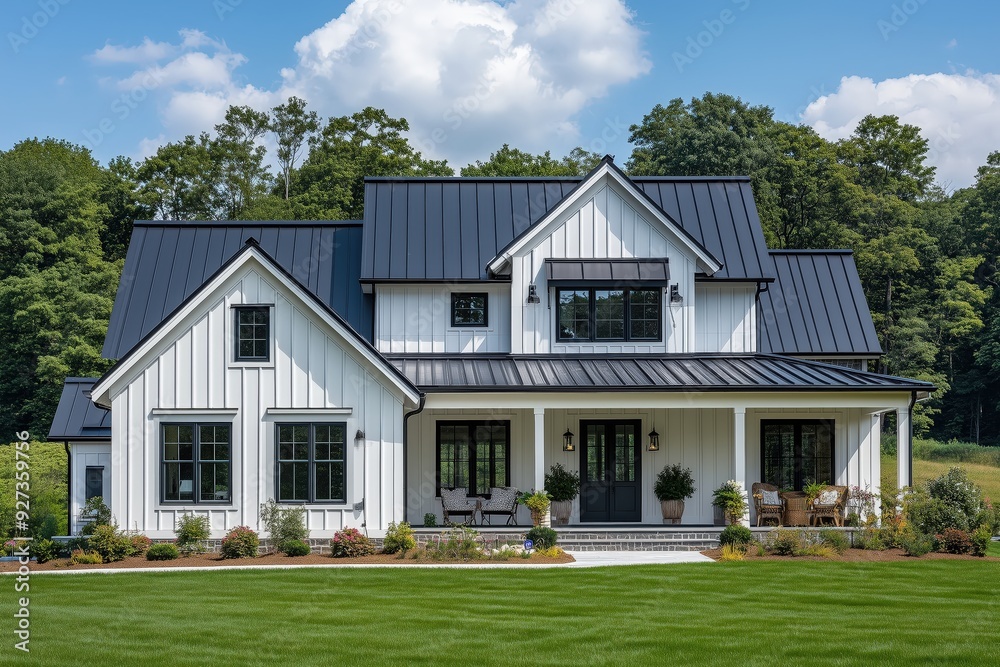 modern farmhouse style home exterior with white wood vertical siding ...