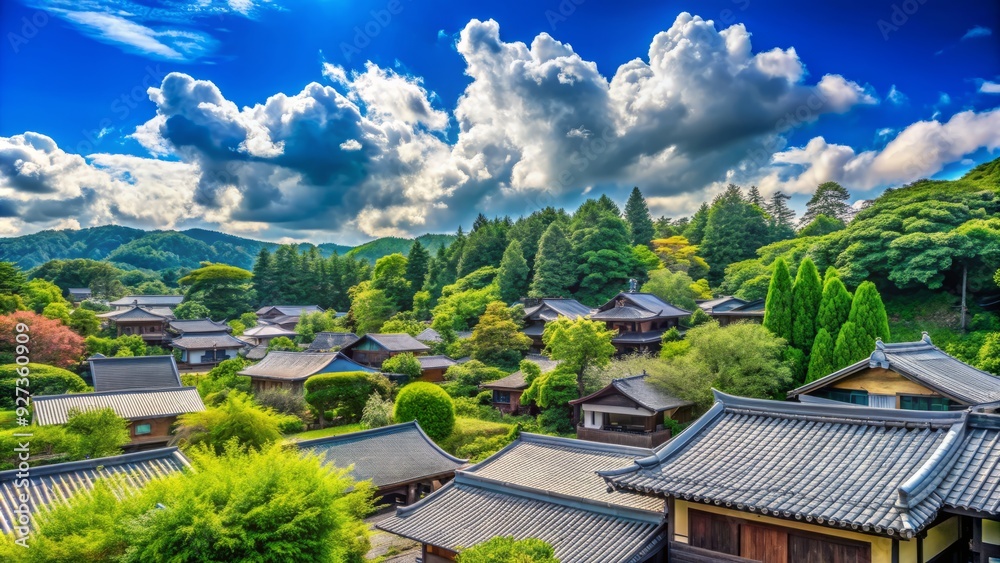 Vibrant blue summer sky with puffy white clouds above lush green trees ...