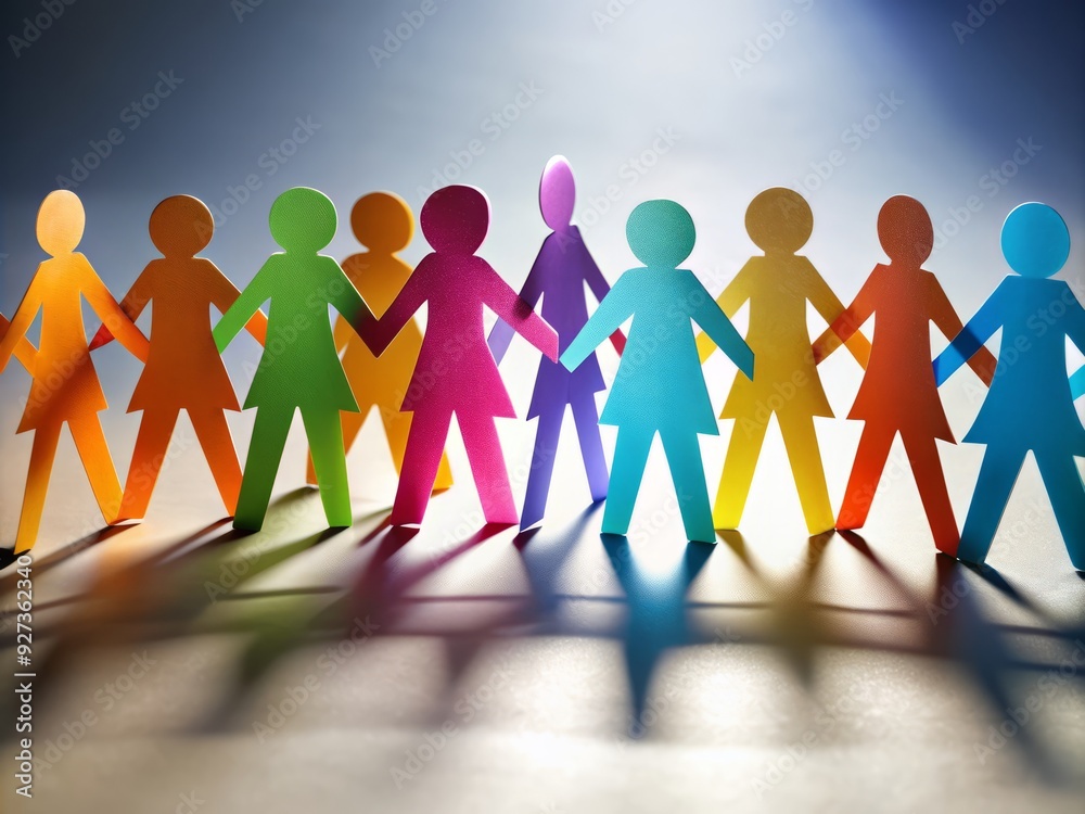 Interconnected paper cutouts of diverse individuals form a strong chain ...