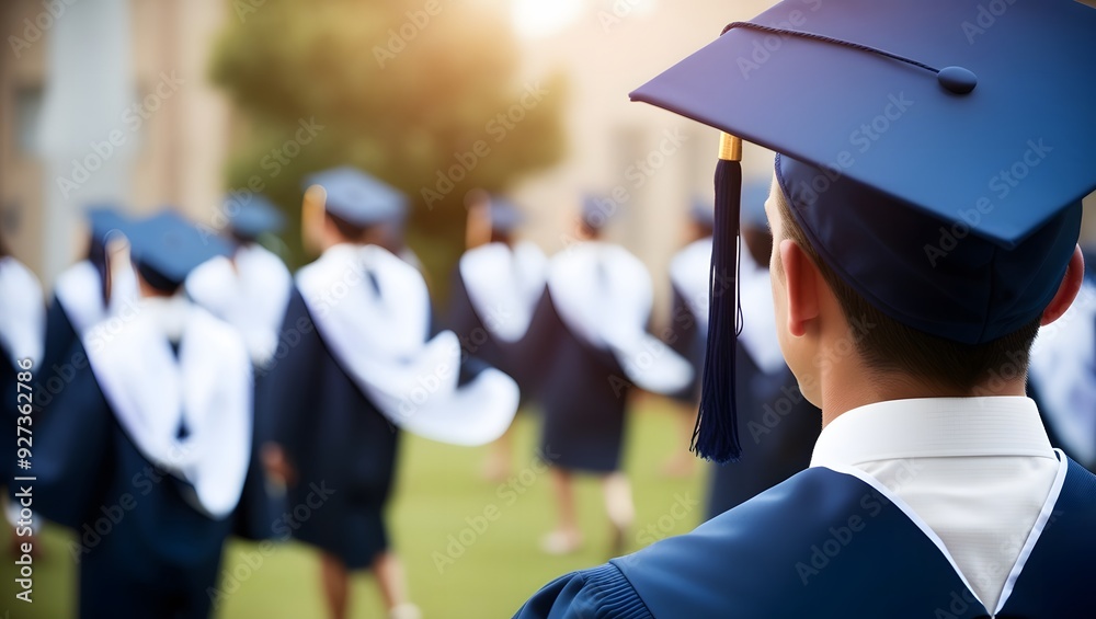 Graduate students with mortar caps standing in a row. selective focus ...