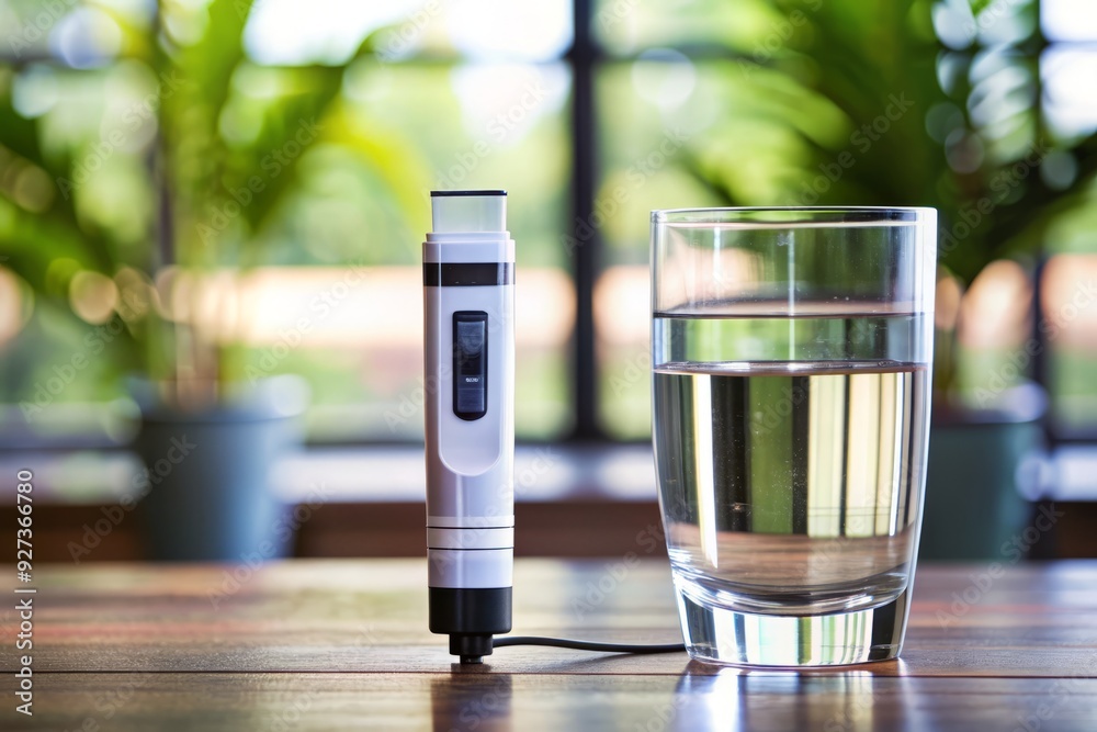 Precise water quality meter tester is submerged in a drinking glass ...