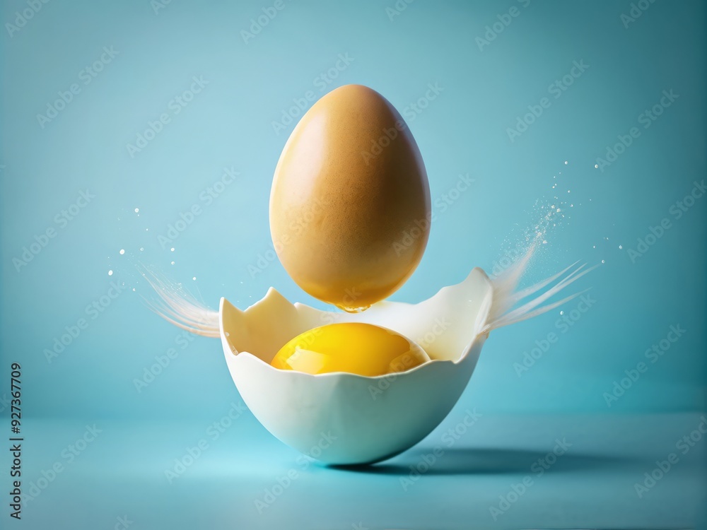 Vibrant yellow Easter egg shape forms from a flying yolk, bursting out ...