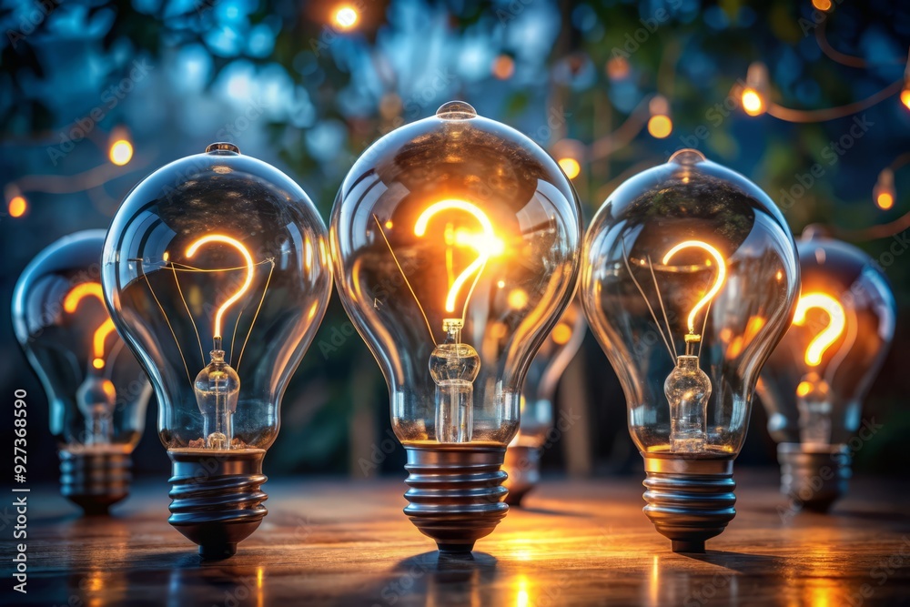Illuminated light bulbs with question marks symbolize innovation ...