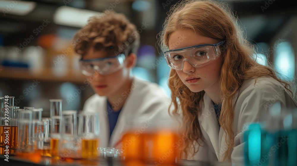 Young Scientists in Lab Coats Conducting Experiments with Test Tubes ...