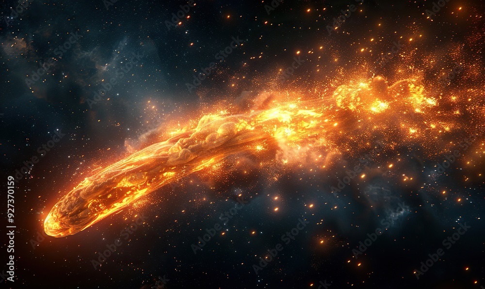 A brilliant flaming meteor streaks across the night sky with a glowing ...