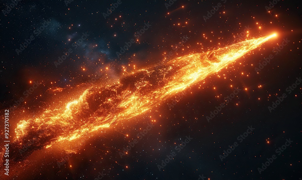 A brilliant flaming meteor streaks across the night sky with a glowing ...