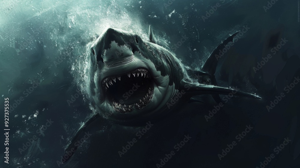 An intense, realistic depiction of a great white shark swimming ...