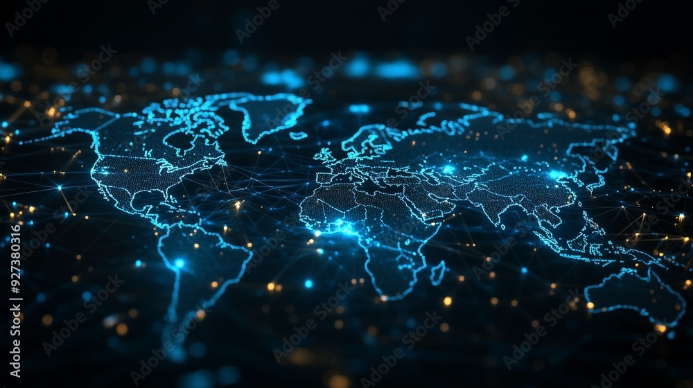 Digital map of the world with blue light connections, global ...