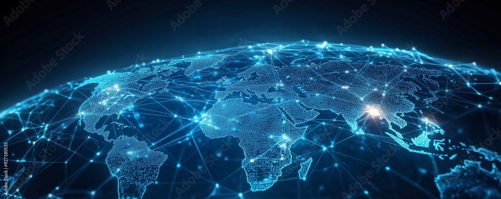 Digital map of the world with blue light connections, global ...