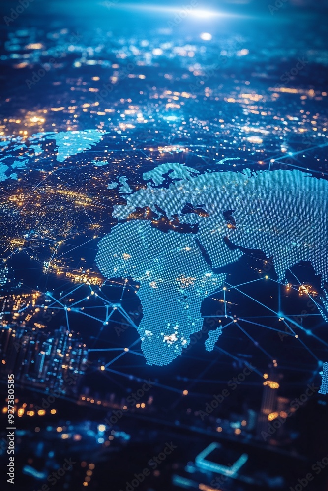 Digital map of the world with blue light connections, global ...