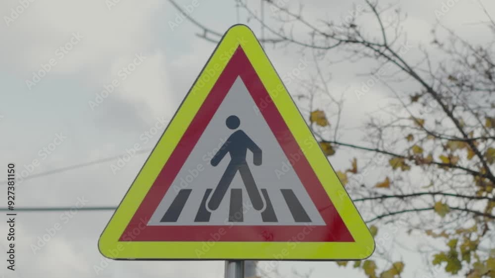 Bold pedestrian crossing sign against yellow and red background. Eye ...