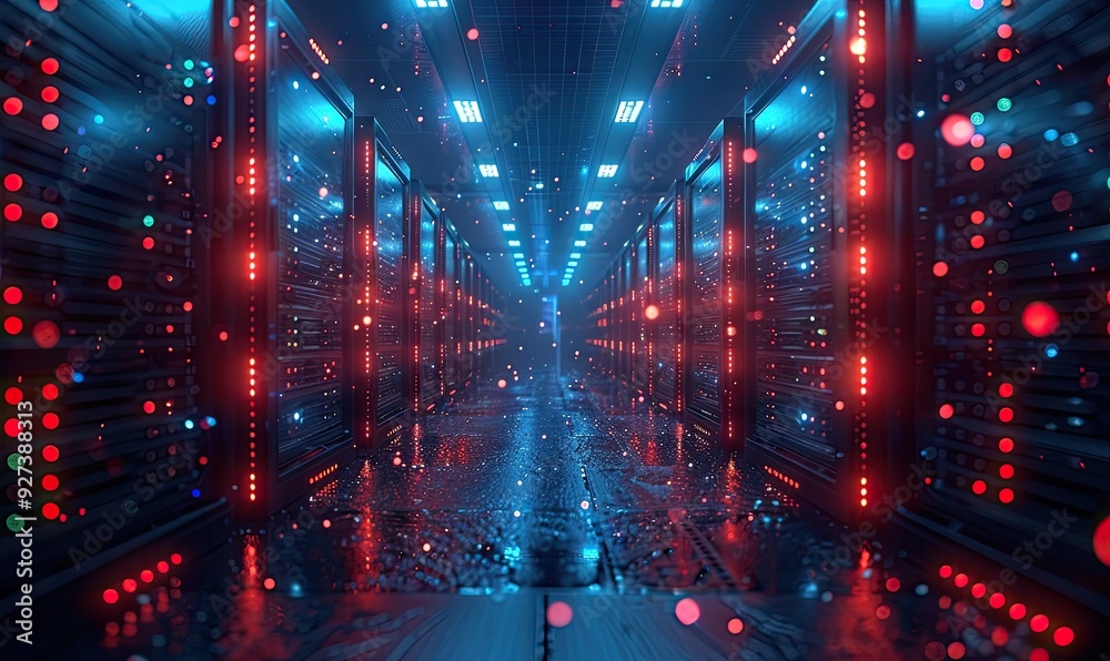 A modern data technology center with server racks in a dark room ...