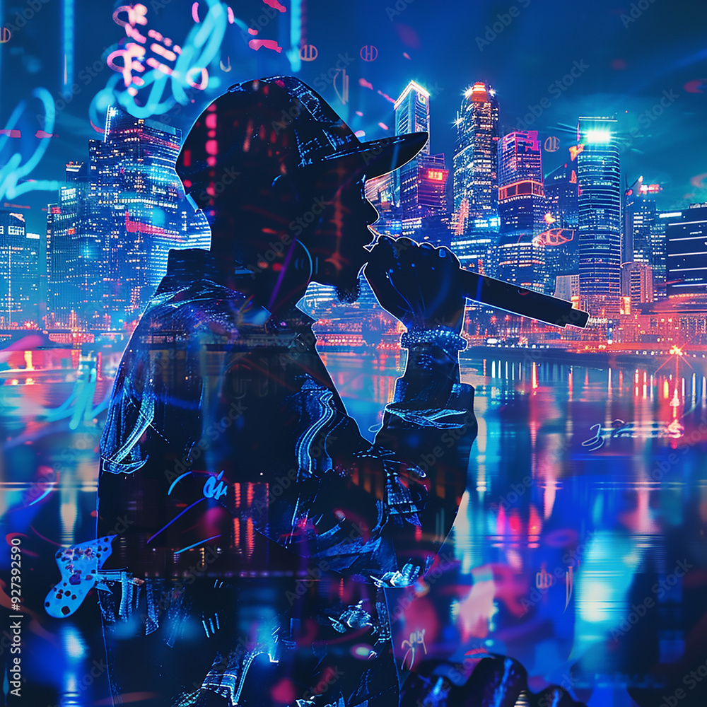 A city skyline at night with neon lights, the double exposure reveals a ...