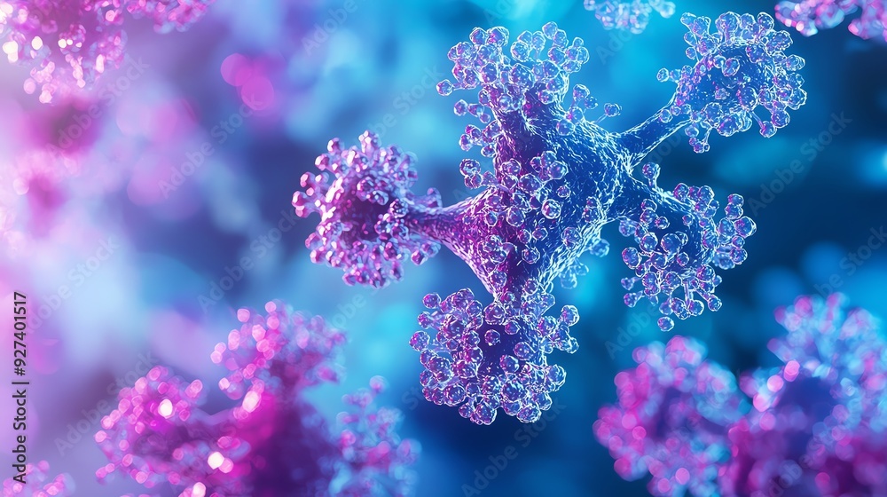 Colorful microscopic image of viral structures, highlighting intricate ...