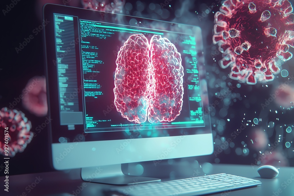 Digital representation of a lung with viruses on a computer screen ...