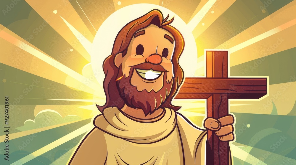 Cartoon Vector Smiling Jesus in cartoon style holding a cross with a ...