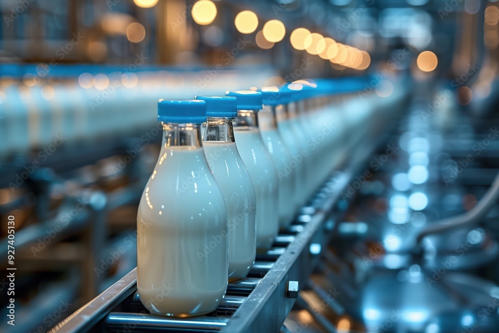 Automated Milk Bottling Process in Modern Dairy Factory with Blue ...