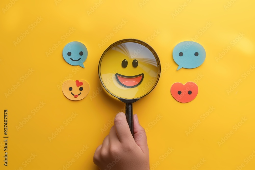 Colorful Smiley Face Emojis with Magnifying Glass on Vibrant Yellow ...
