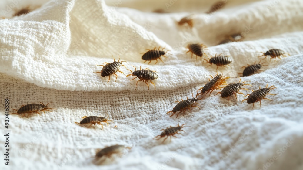 Bed bugs scattered across white bedding, showcasing the unpleasant ...