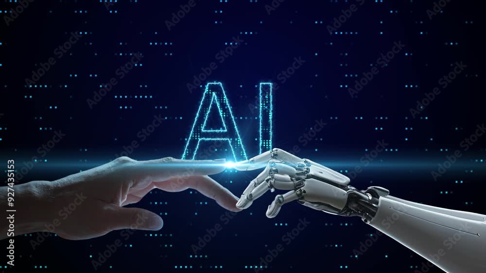 Human Hand And Ai Robotic Hand Touch Each Other Digital Futuristic Ai Robot Concept. Artificial ...
