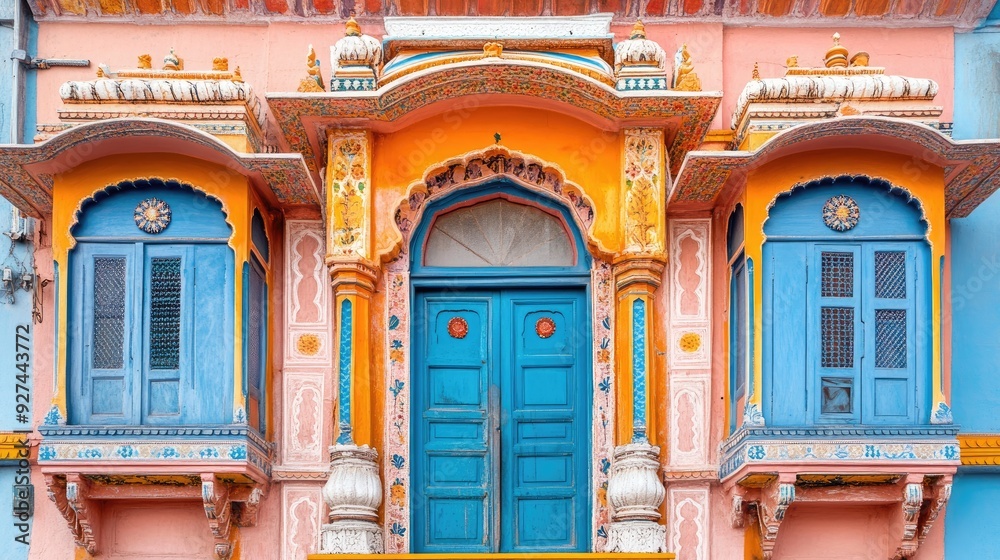 The vibrant and colorful exterior of a traditional Indian haveli ...
