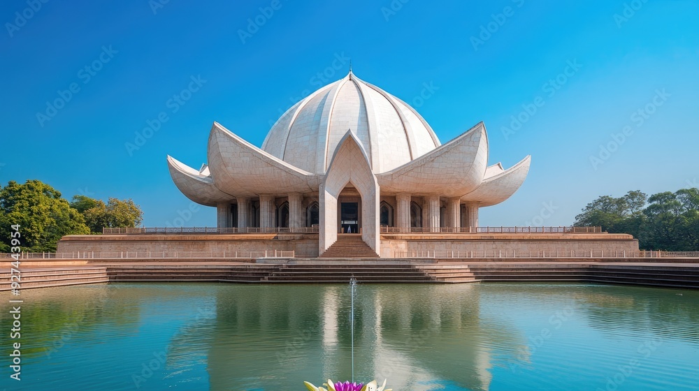Tranquil Lotus Temple with its iconic lotus-shaped structure against a ...