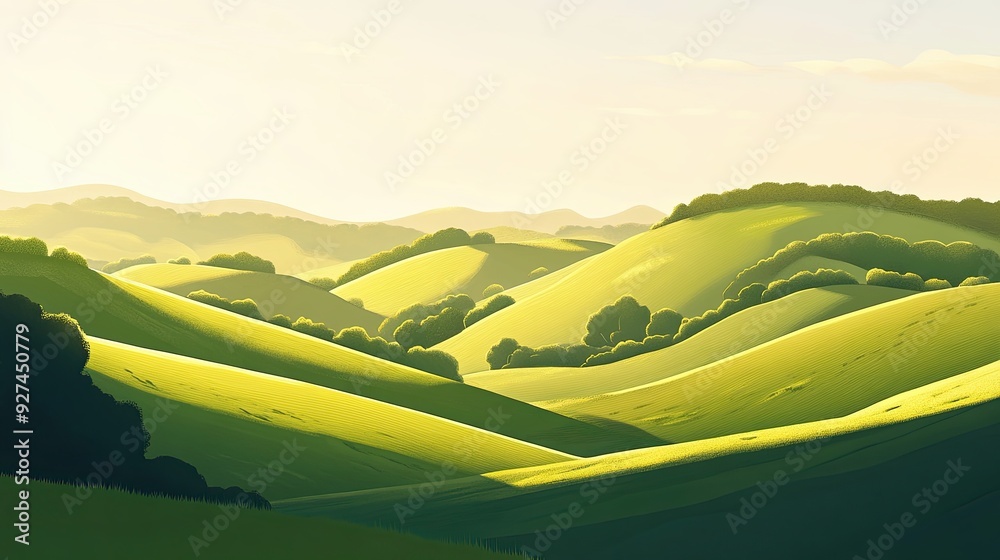 Serene 2D illustration of rolling hills with lush green meadows and ...