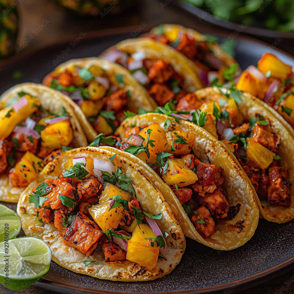 vibrant plate of tacos al pastor with pineapple and marinated pork ...