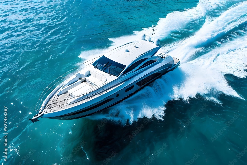 A sleek and modern speedboat with an open deck layout featuring a large ...