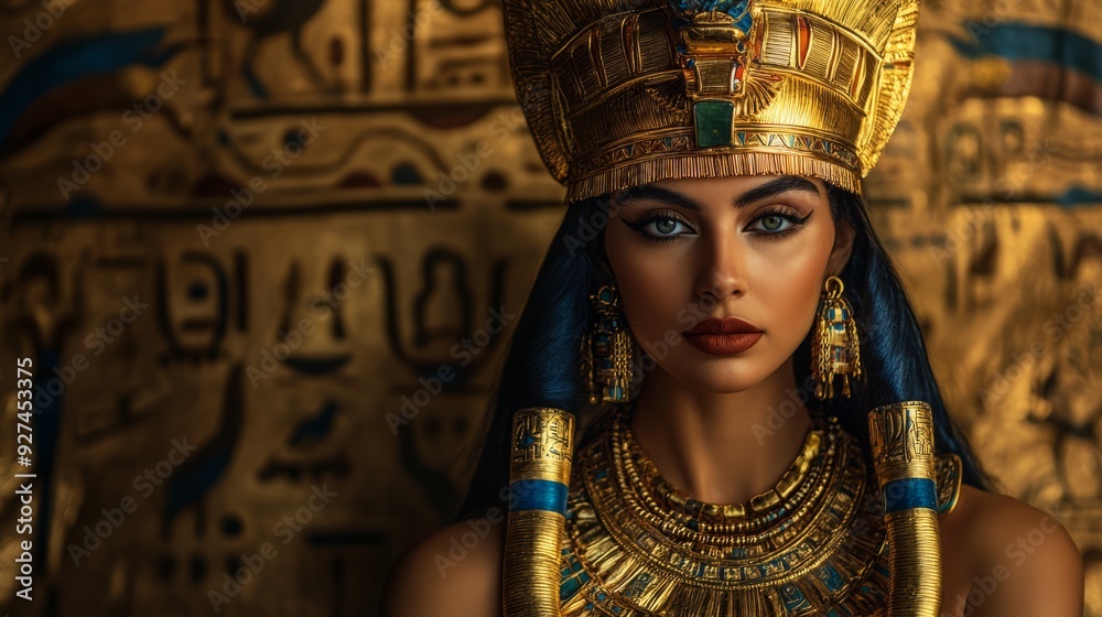 Beautiful woman with a golden crown and jewelry, in a pharaoh style ...