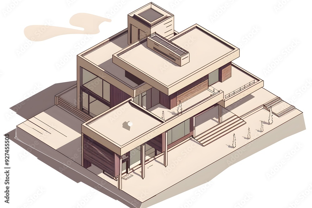 Architectural sketch of a modern, two-story house with a flat roof. The ...