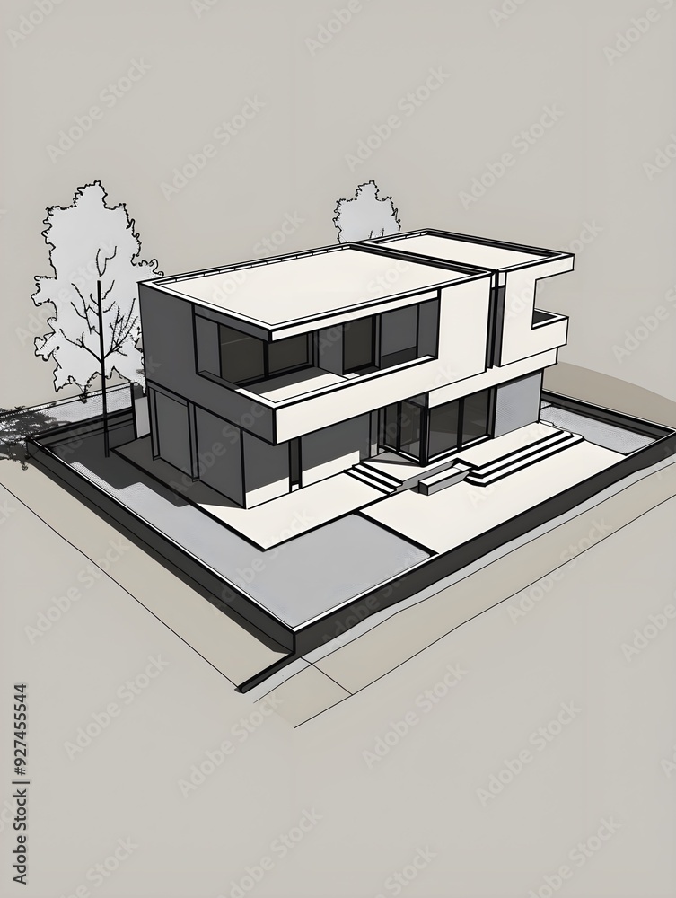 Architectural sketch of a modern, two-story house with a flat roof. The ...