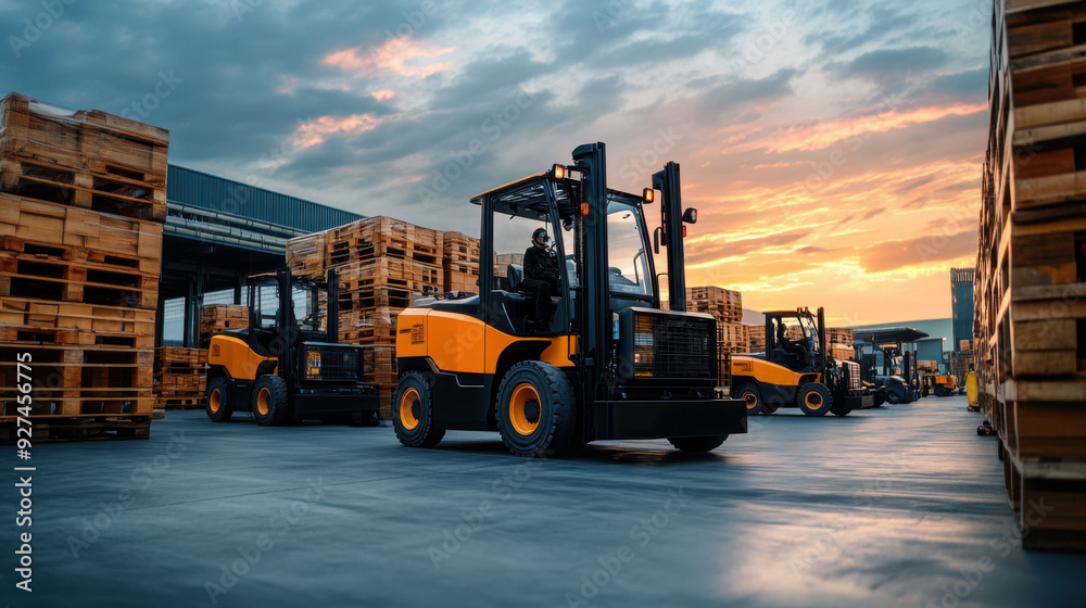 Industrial forklifts loading and moving wooden pallets at a warehouse ...