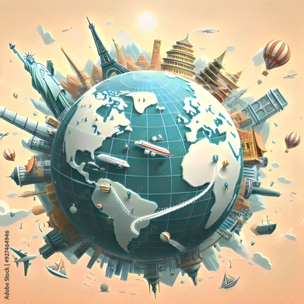 A 2D animated poster showing a globe spinning slowly, with famous ...