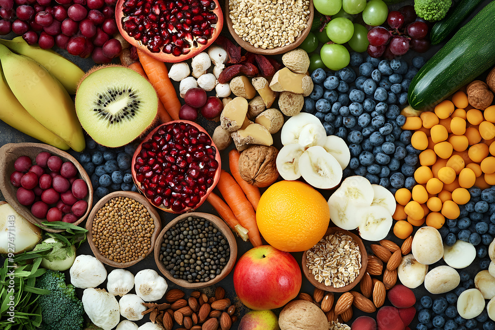 Health food for fitness concept with fruit, vegetables, pulses, herbs ...