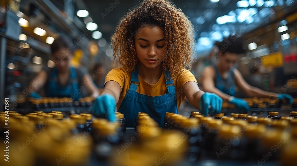 A diverse group of factory workers assembling products on a ...