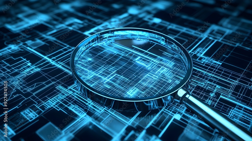 Magnifying Glass Over Futuristic Digital Circuit Grid with Flowing Data ...