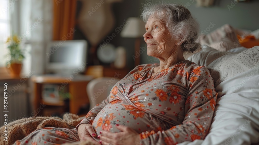 Filled with happiness, an elderly pregnant woman lies in a hospital bed ...