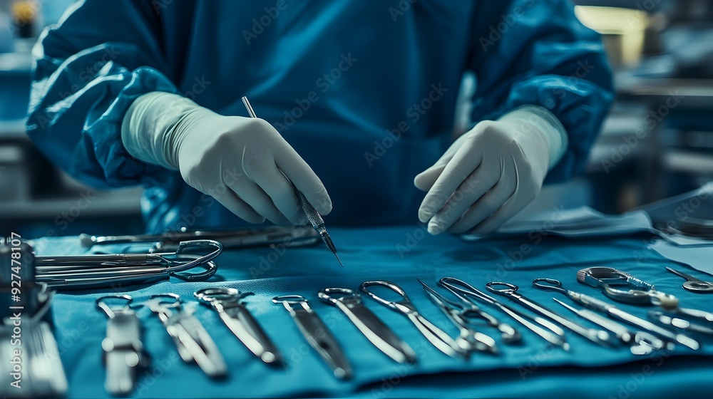Surgical instruments and medical equipment on a blue sterile operating ...