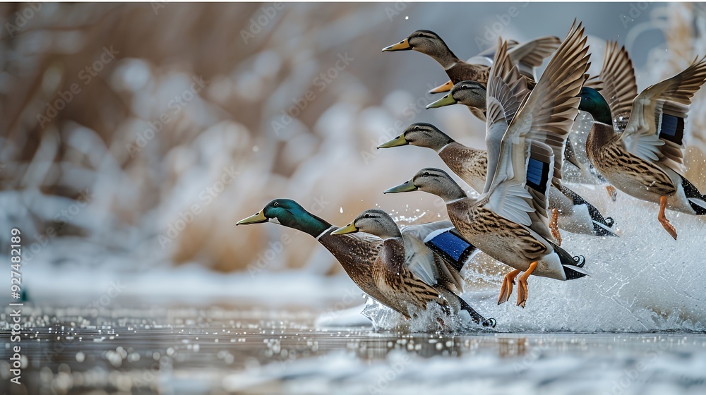 A group of ducks taking off from a frozen lake. The ducks are flying in ...