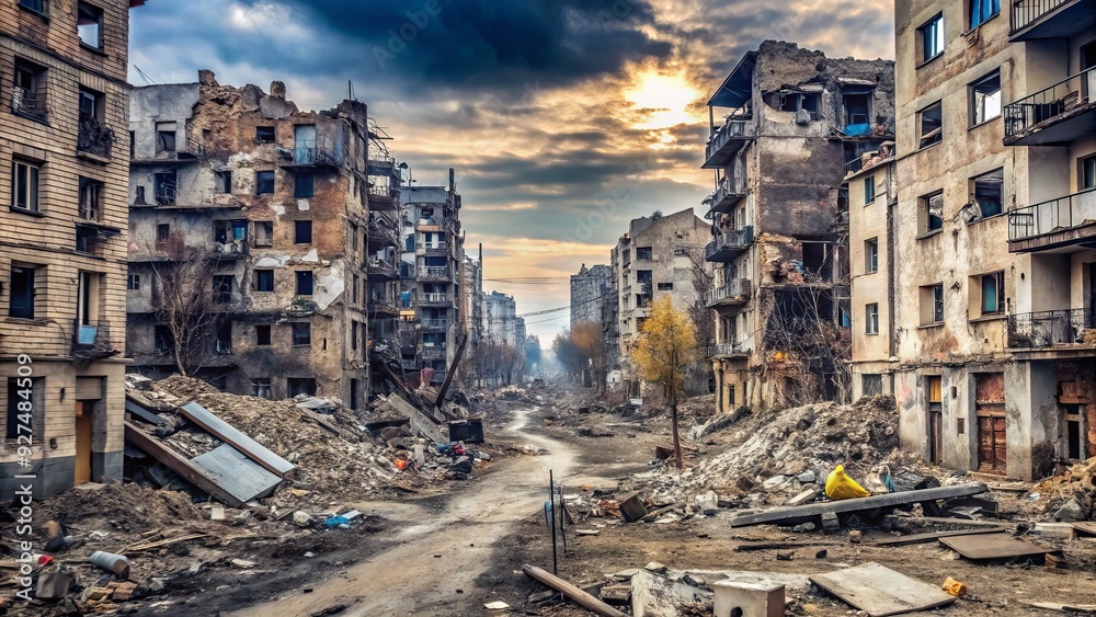 A war-torn Ukrainian cityscape shows destroyed buildings, rubble-filled ...