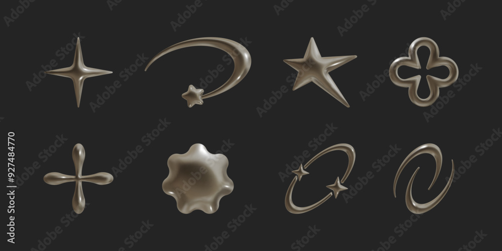 Set of Y2k geometric 3D render bronze shapes trendy retro futuristic ...