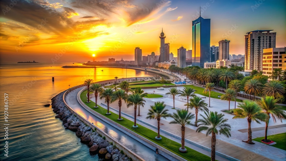 Beautiful sunrise over Jeddah's bustling cityscape, with modern ...