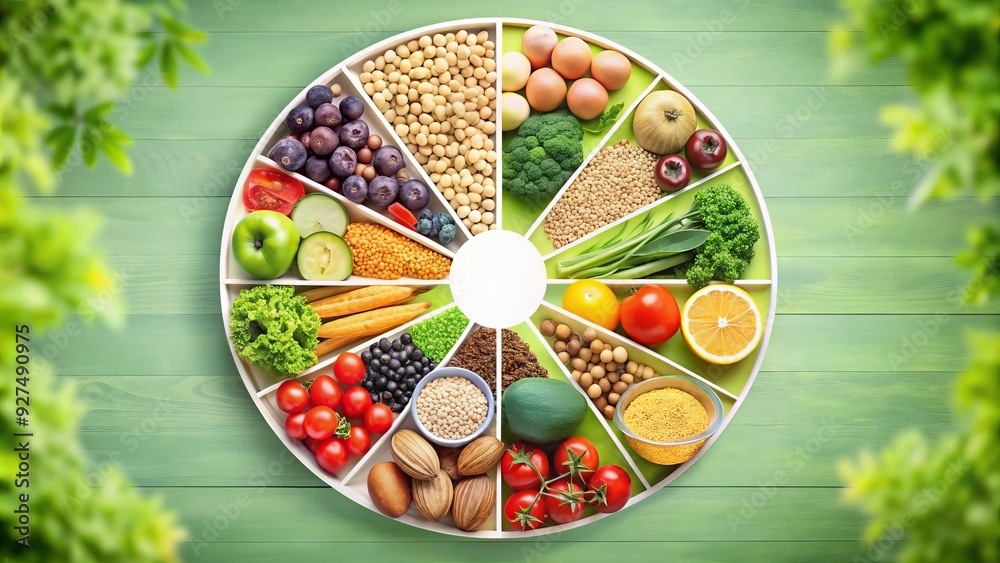 Circular diagram showcasing a balanced diet with colorful icons of ...