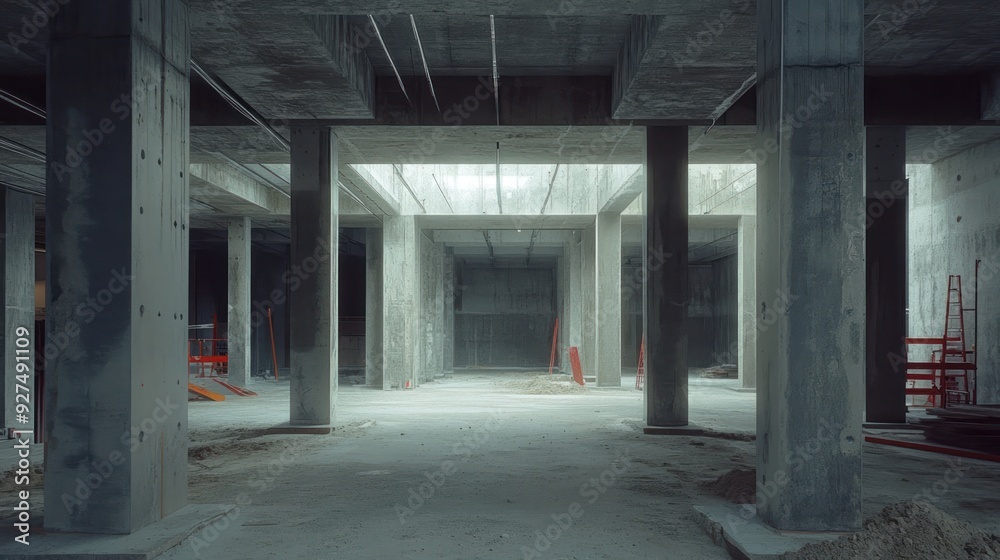Under-construction interior of a building with bare concrete columns ...